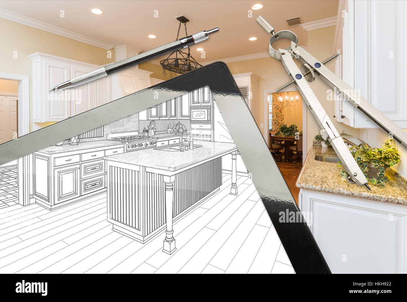 Computer Tablet and Drafting Tools With Kitchen Drawing and Photograph ...