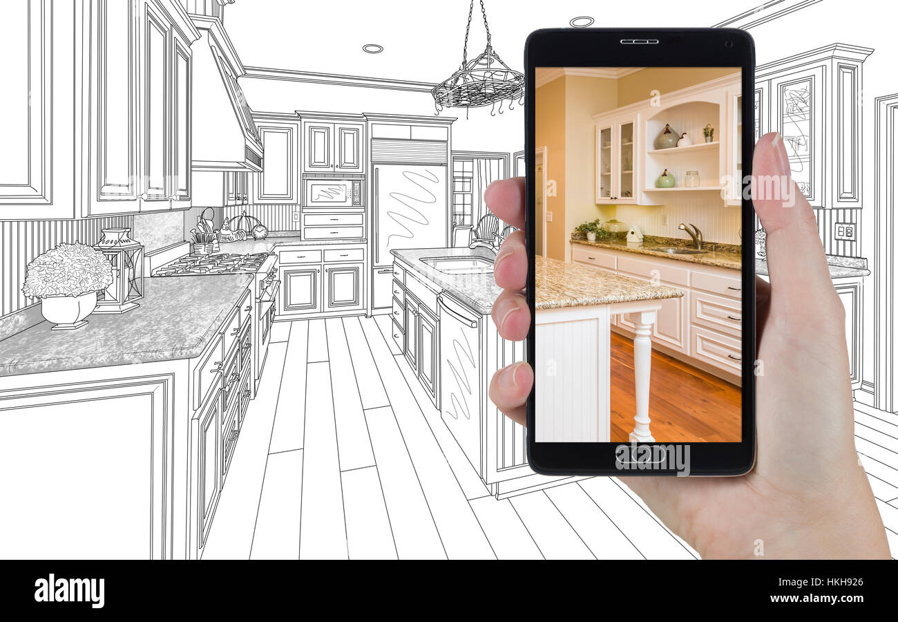 Hand Holding Smart Phone Displaying Photo of Custom Kitchen Drawing ...