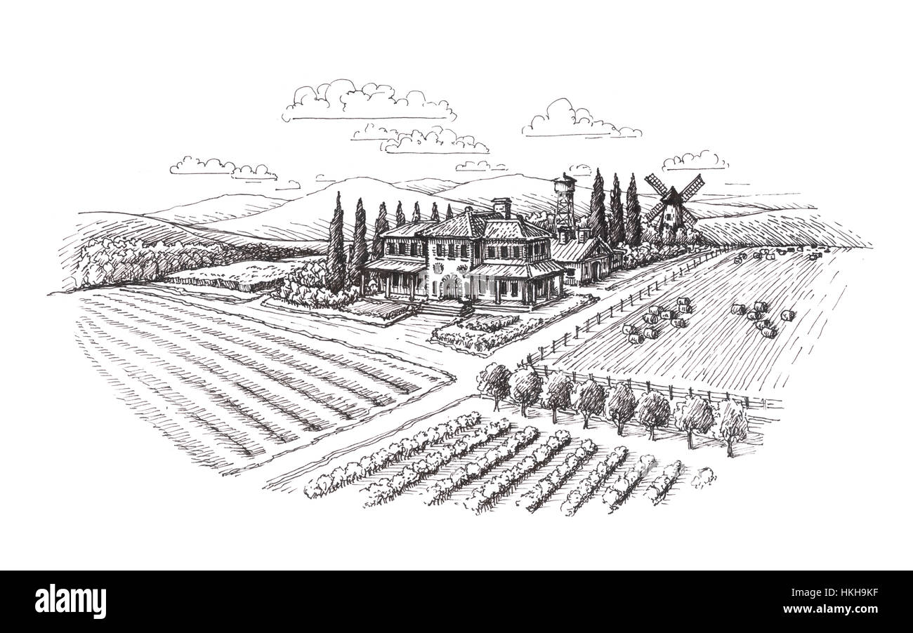 Farm Landscape Drawing