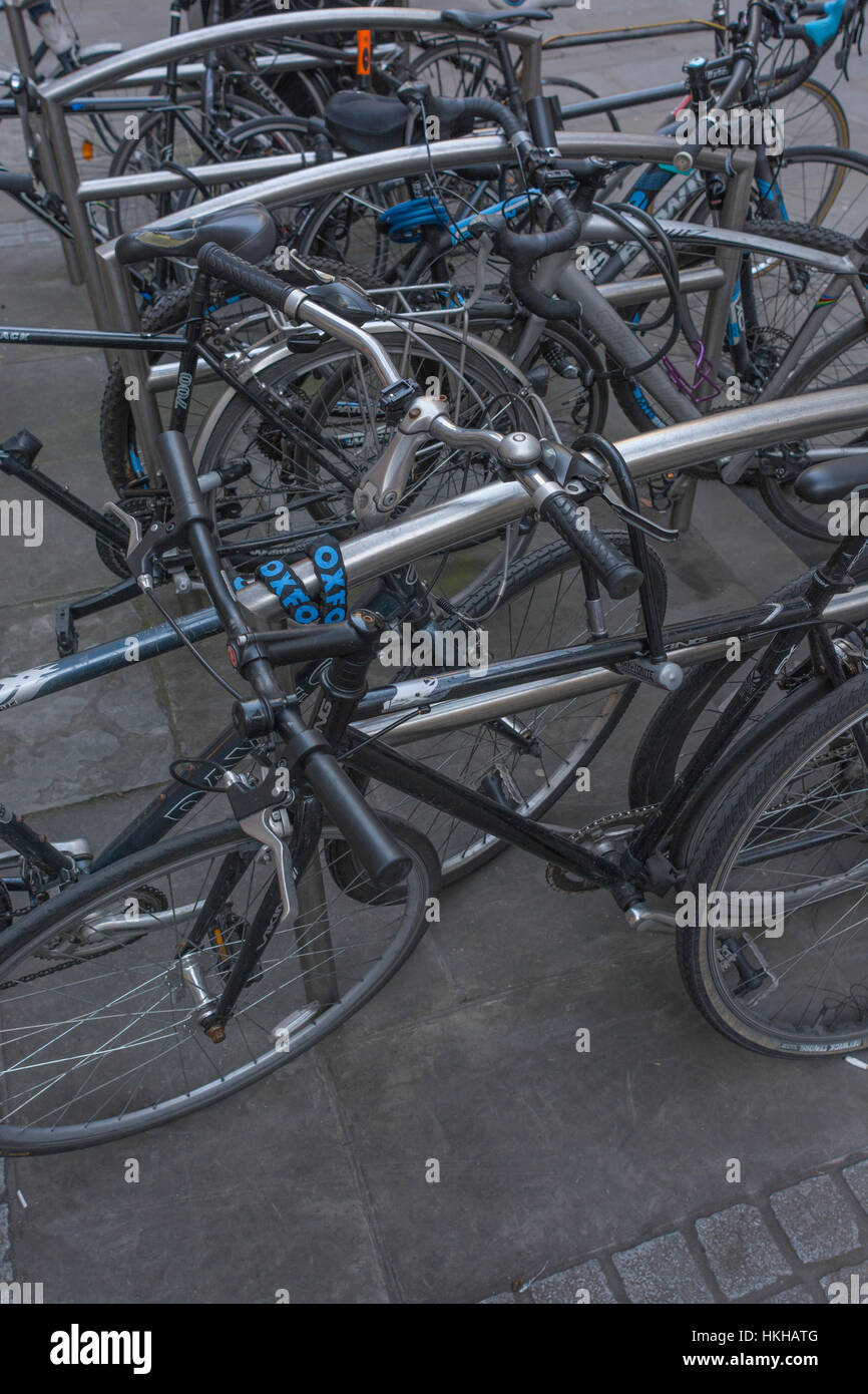Cycle rack / rank in the City of London financial district. Focus on ...