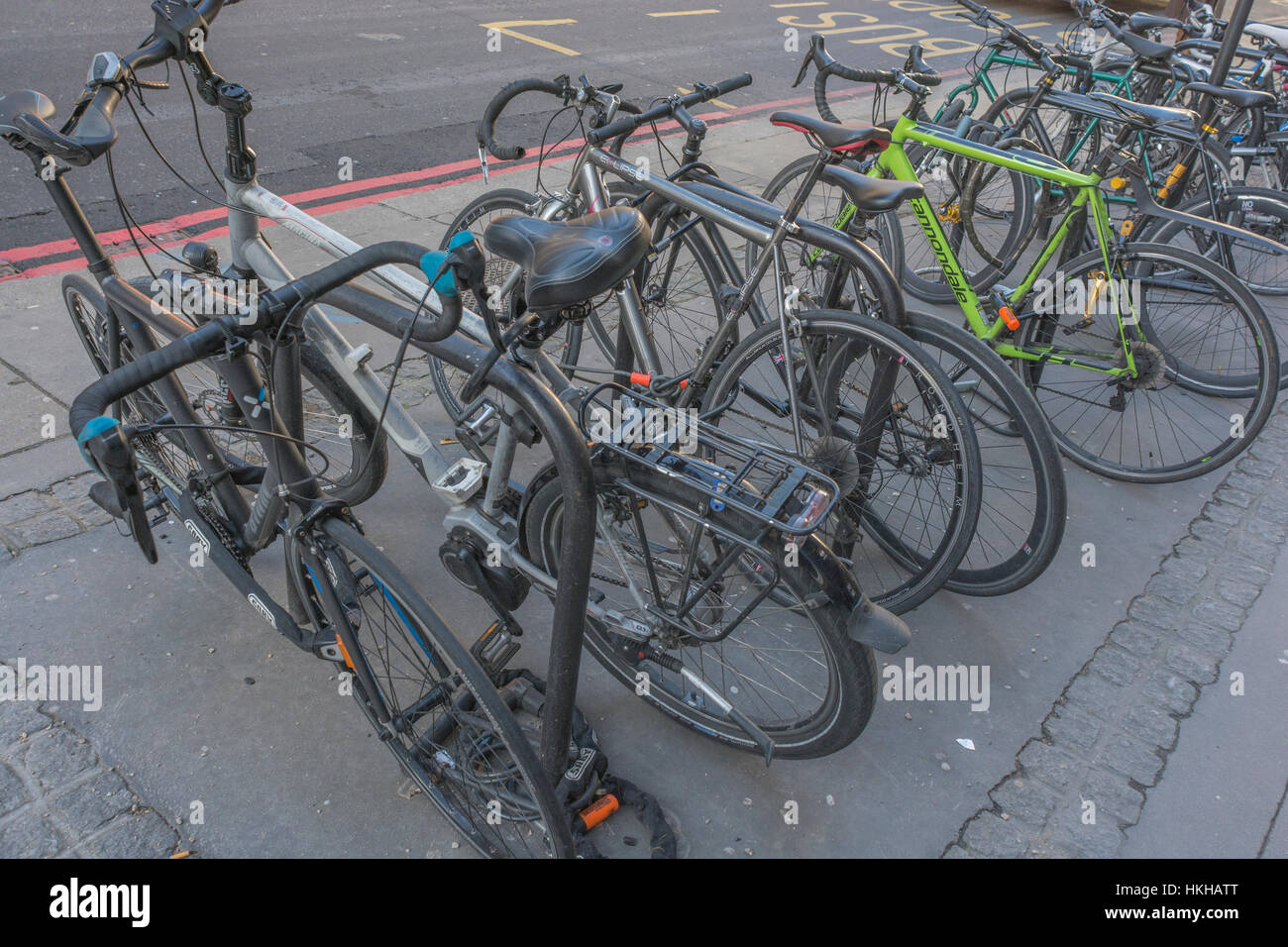 Cycle rack / rank in City of London financial district. Focus on ...