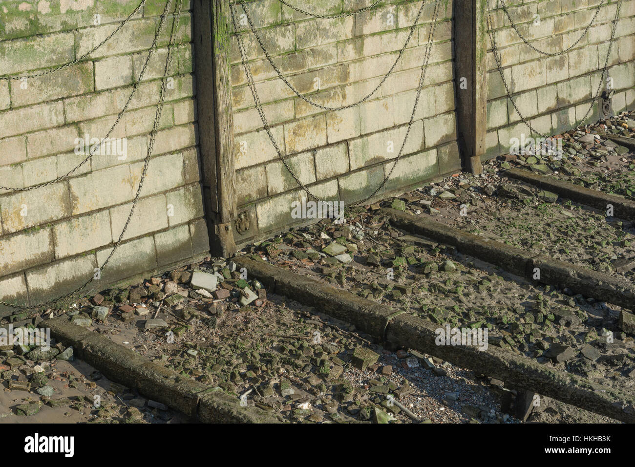 River Thames embankment / river wall at north side of London Bridge ...