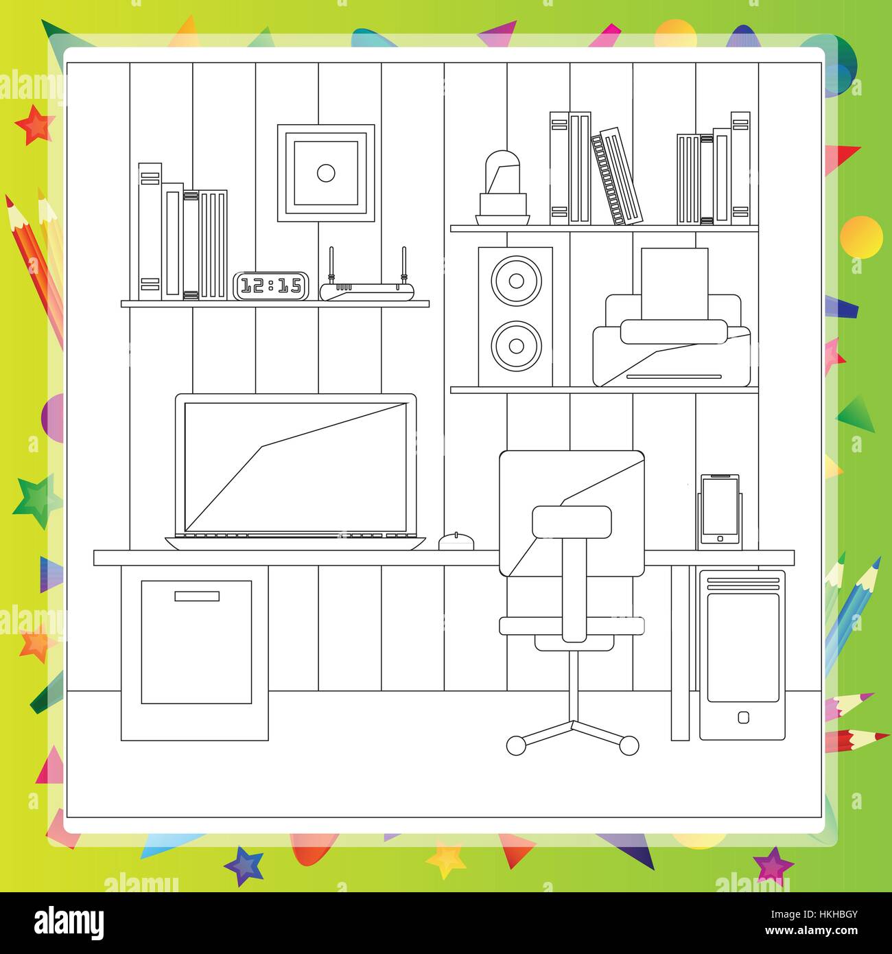 Vector illustration of modern workplace in room. Creative office ...