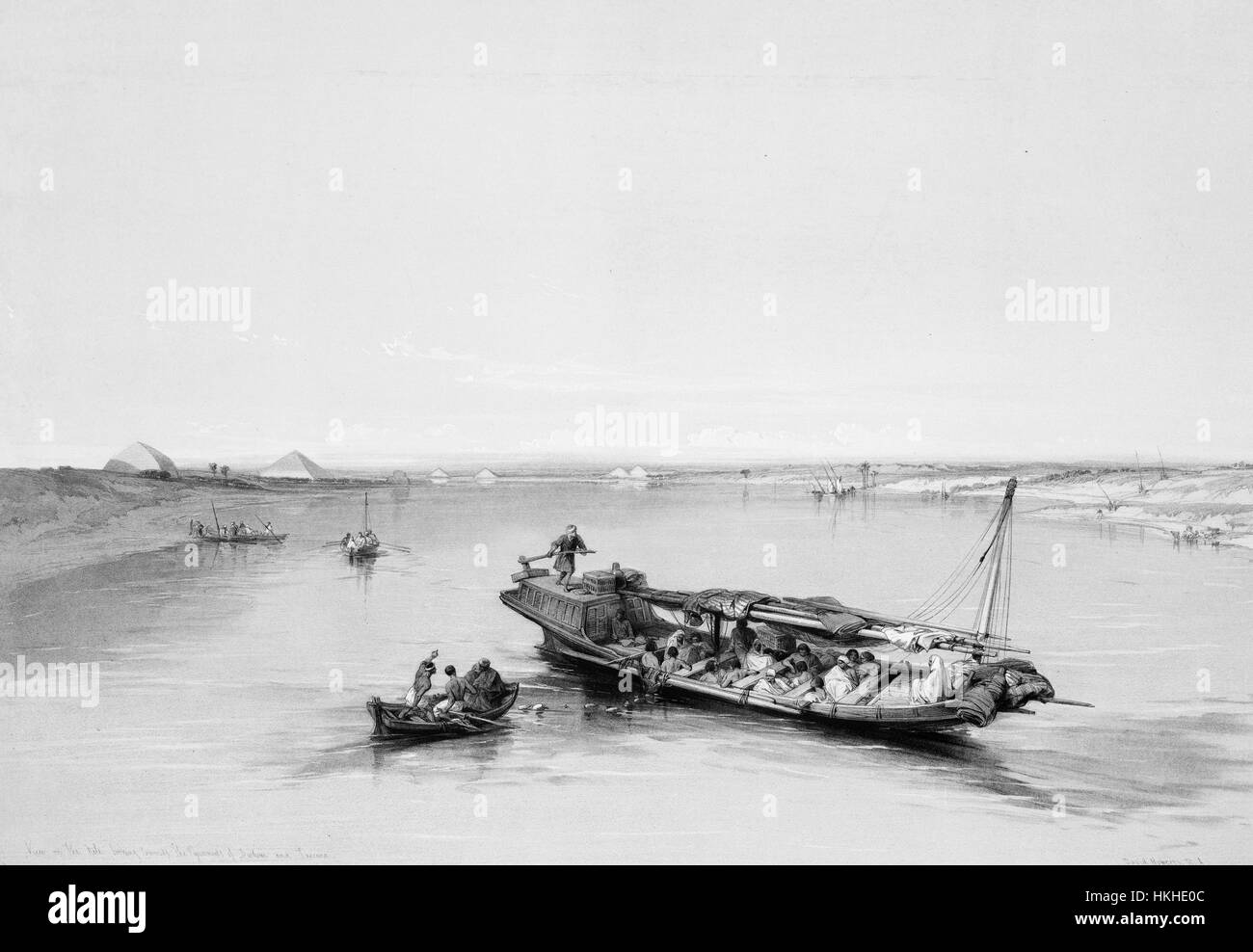 Lithograph Slave boat on the Nile, View looking towards the pyramids of ...