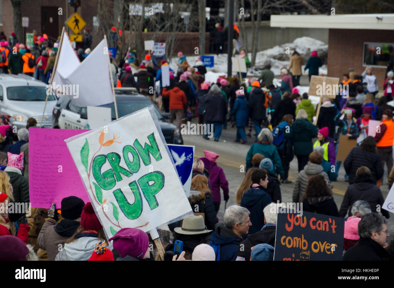 Crowd marches in street Augusta Maine, Women's March, USA Stock Photo ...