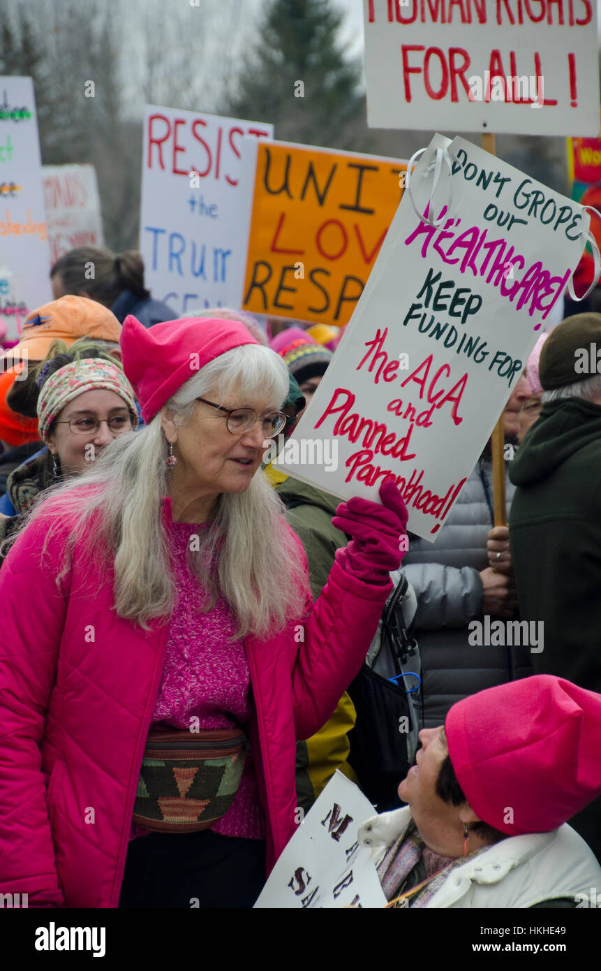 Two women at Women's march, Augusta Maine. Protest for ACA and planned ...