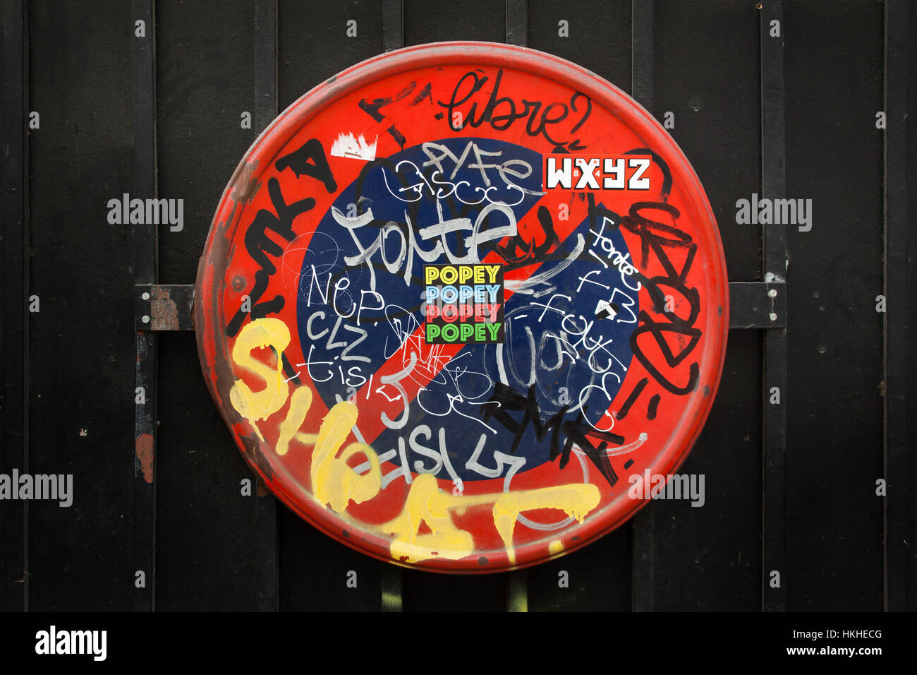 Traffic sign covered with sticker hi-res stock photography and images ...