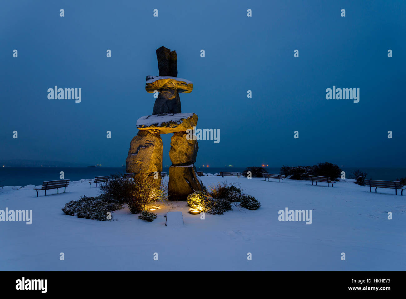 Inukshuk and snow, English Bay, Vancouver, British Columbia, Canada ...