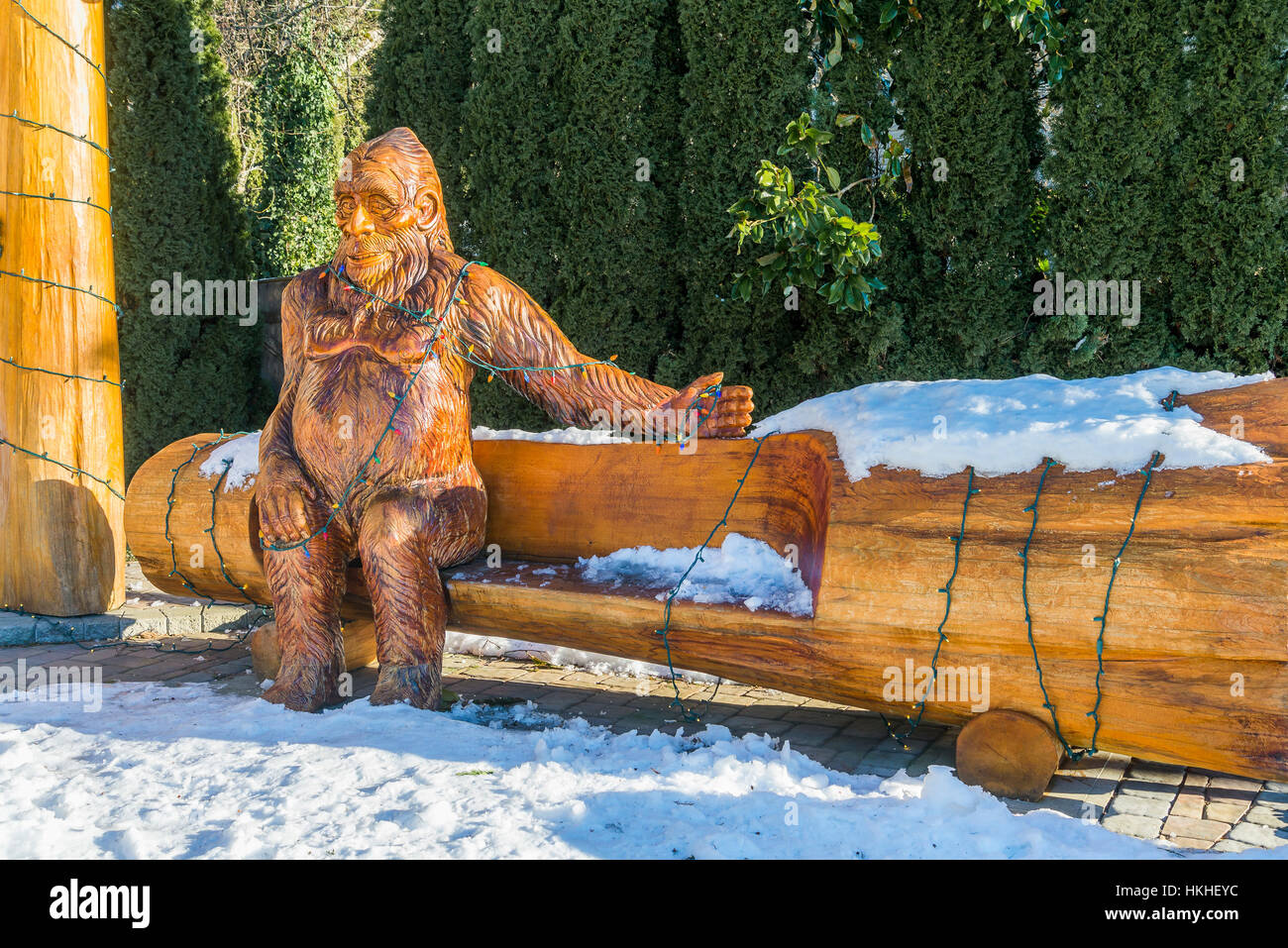 Carved wood Sasquatch on bench, Harrison Hot Springs, British Columbia ...