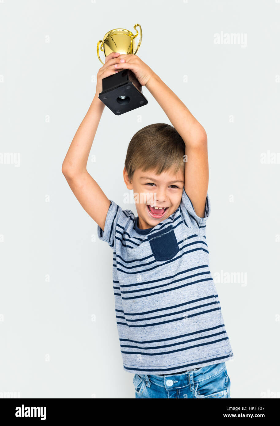 Little Boy Kid Adorable Cute Winning Trophy Portrait Concept Stock ...