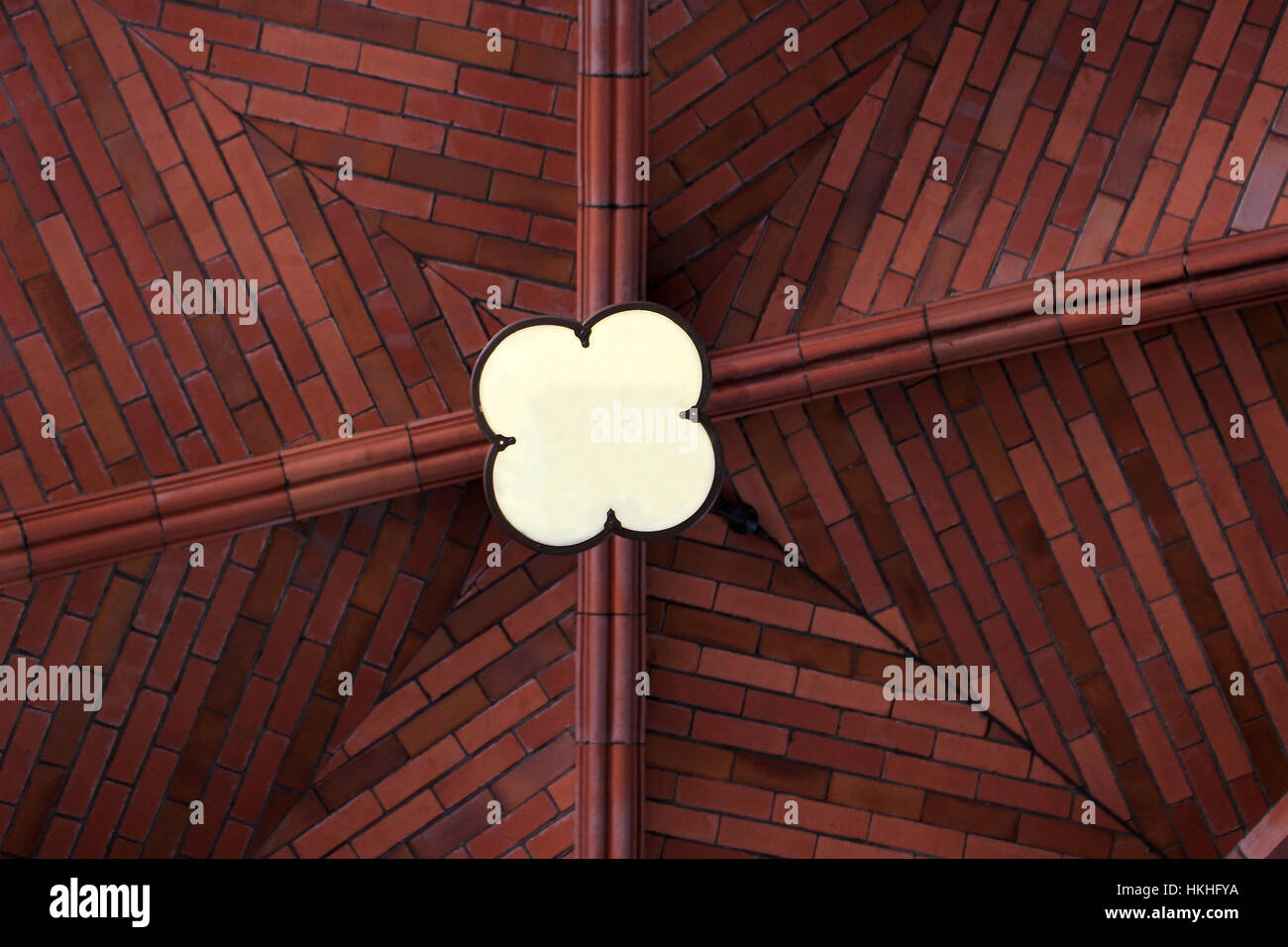 View from below the red brick ceiling of Waterhouse Square, London ...