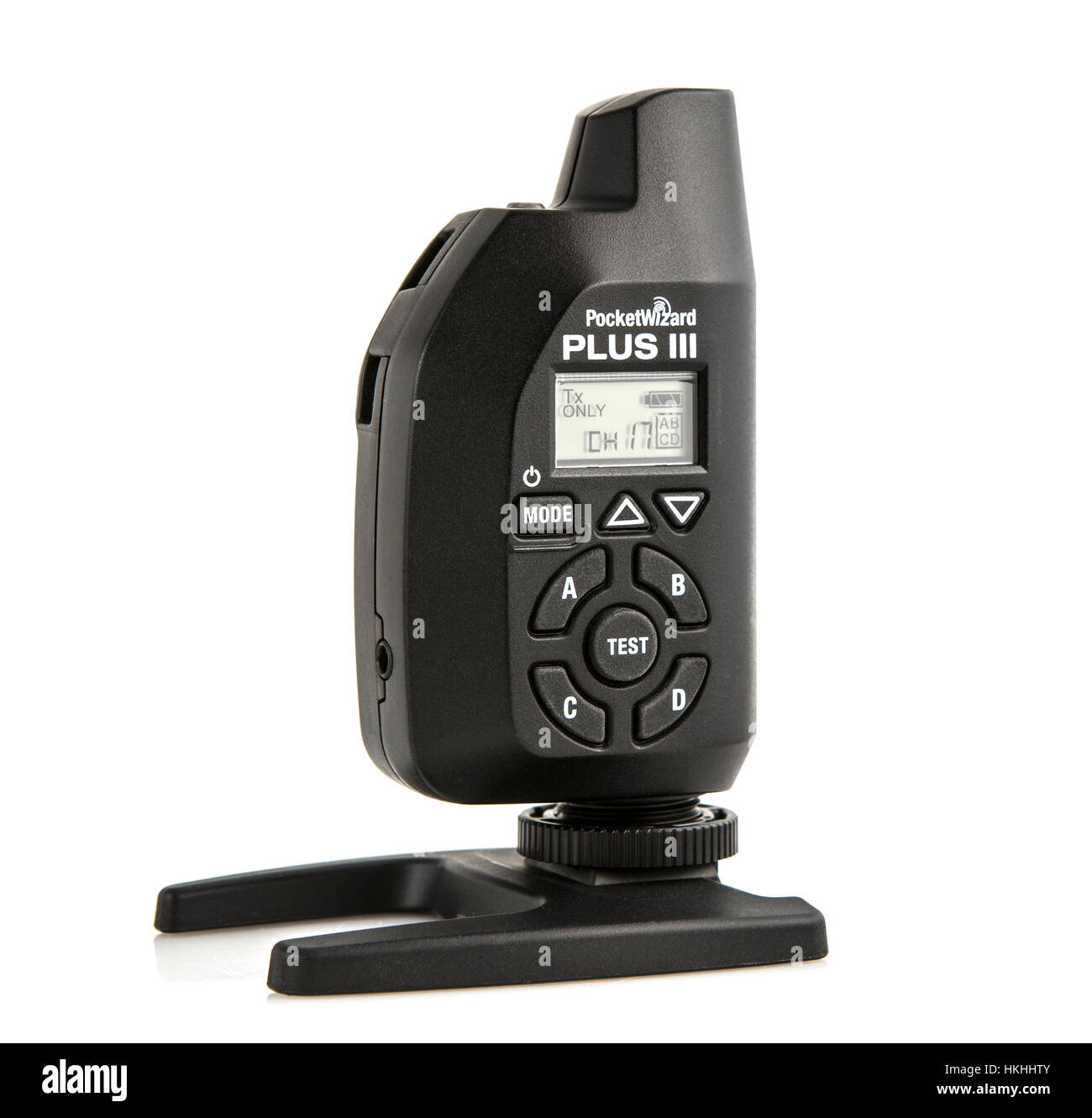 Pocket Wizard Plus III radio controlled flash trigger on a white ...