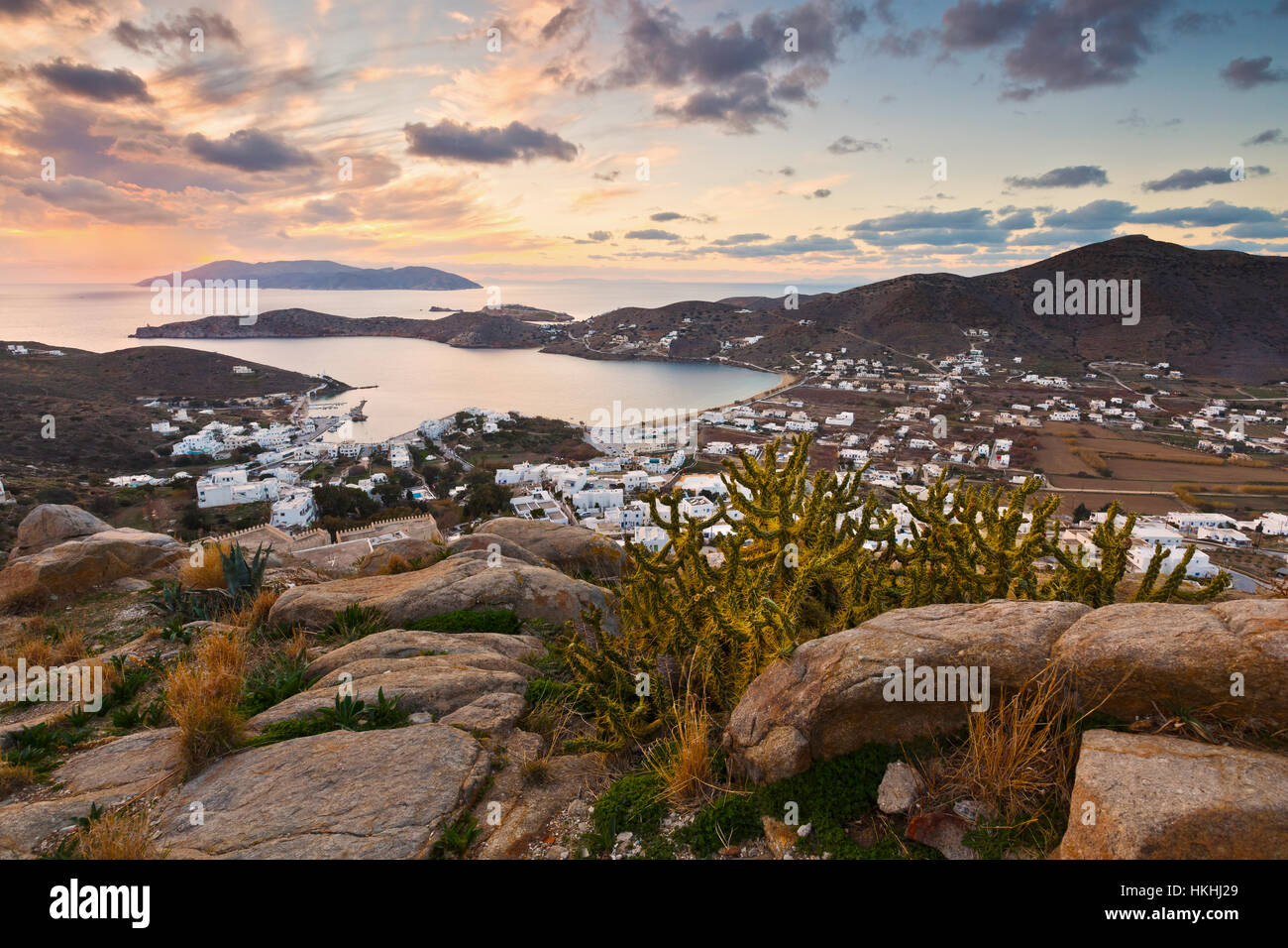 Harbour of Ios island and Sikinos island in the distance, Greece Stock ...