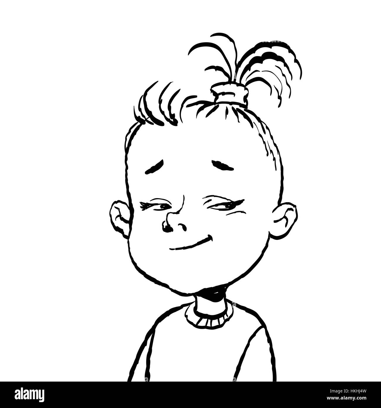 Portrait of clever girl. Cartoon illustration isolate. Black and white ...
