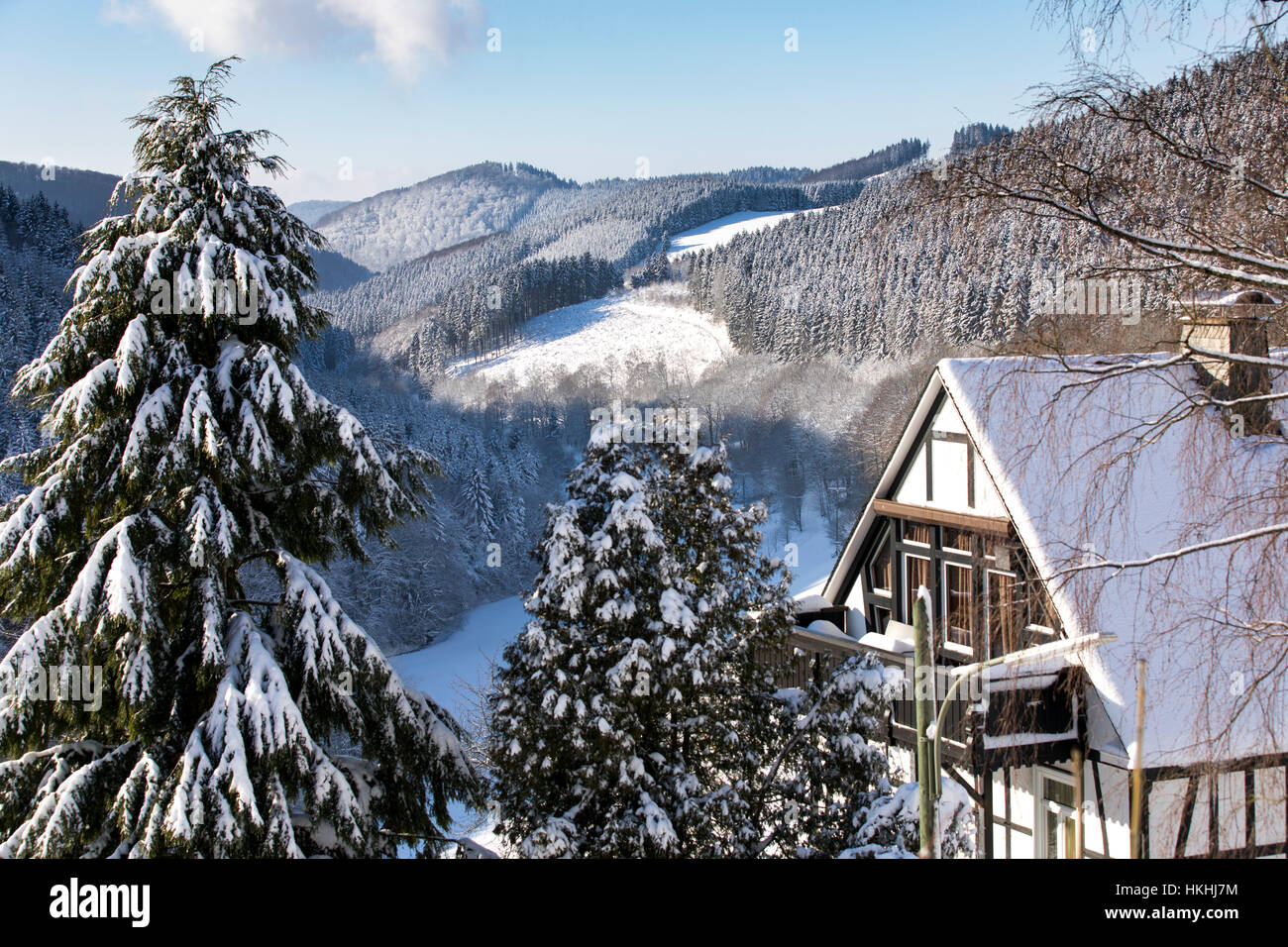winter time in the Sauerland area, Germany, snow covered forest ...