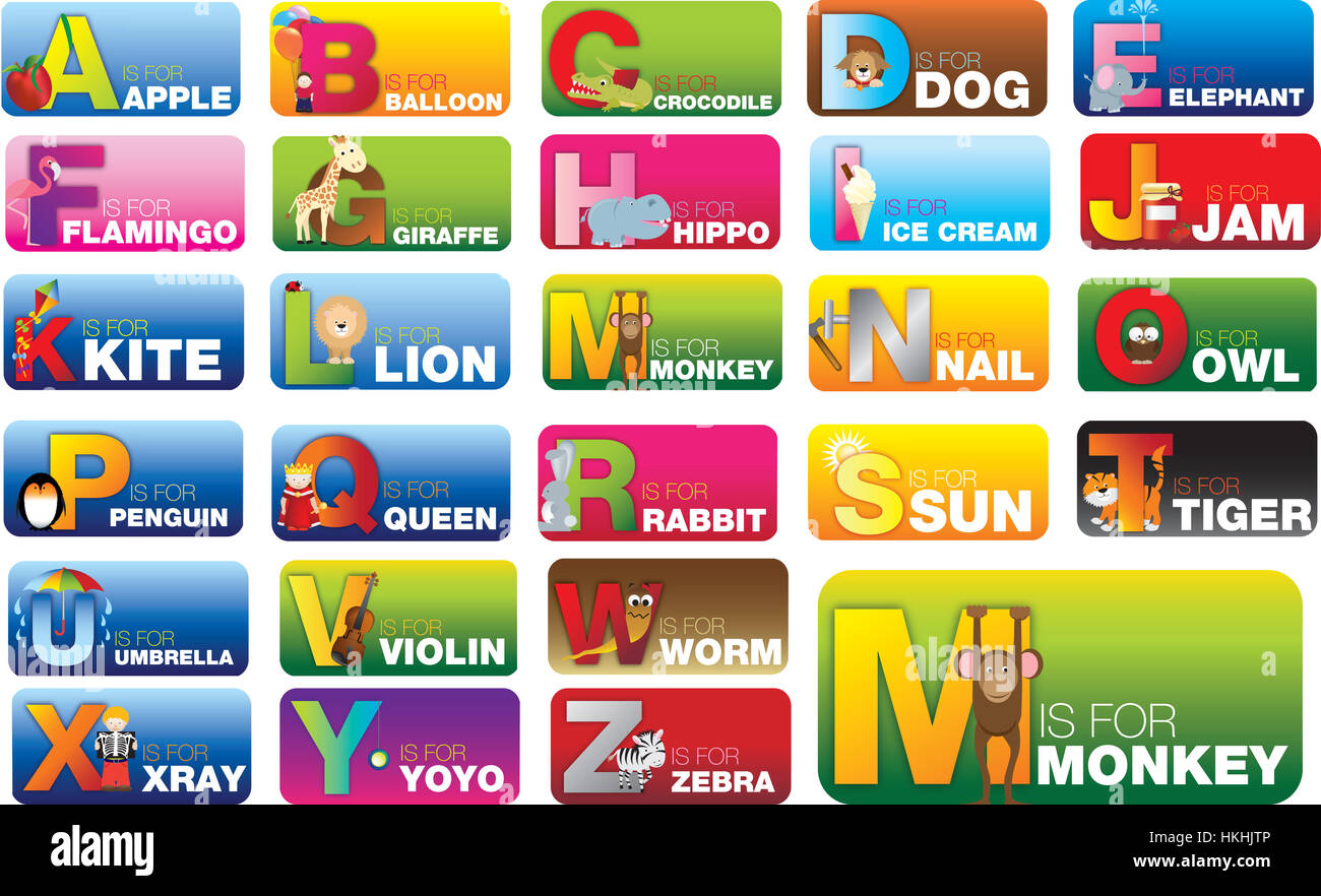 cartoon animals and objects as cards to learn the english language abc ...