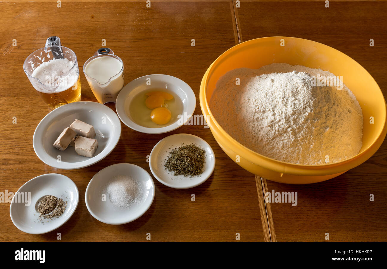 Ingredients line up for pizza preparation Stock Photo - Alamy