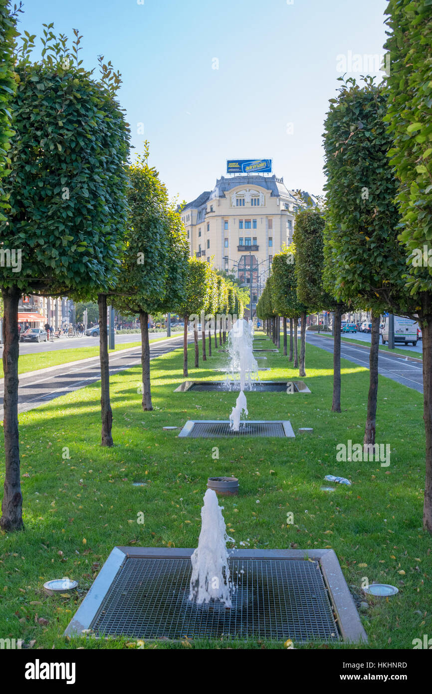 Trees on the middle of avenue in Budapest, capital city of Hungary ...