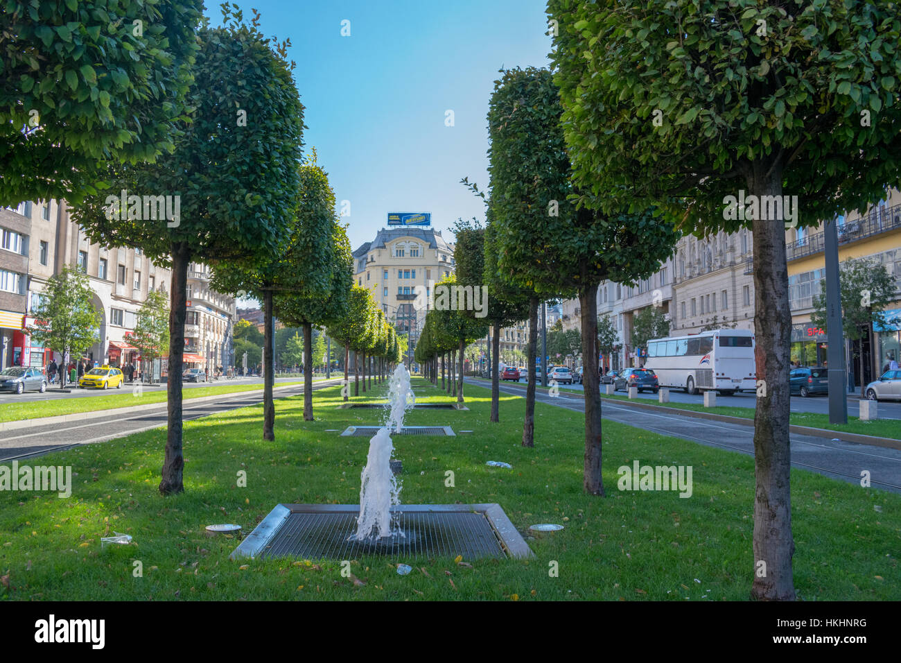 Trees on the middle of avenue in Budapest, capital city of Hungary ...