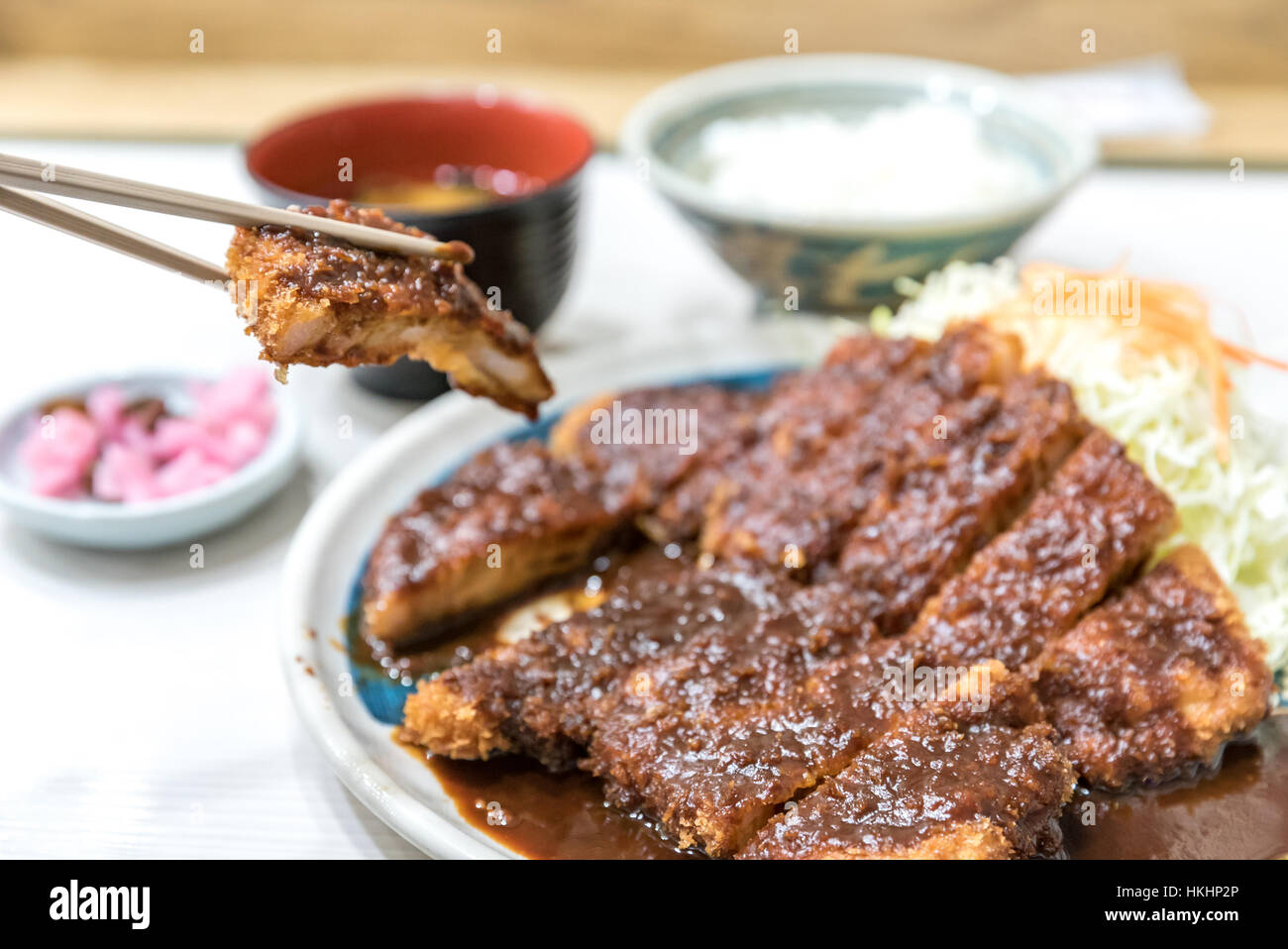 Japanese food miso buta katsu pork cutlet set with rice Stock Photo - Alamy
