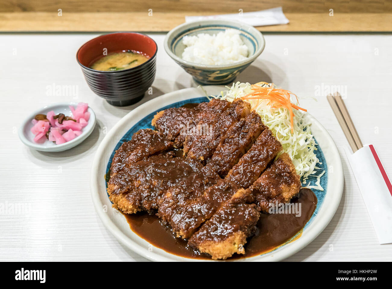 Japanese food miso buta katsu pork cutlet set with rice Stock Photo - Alamy