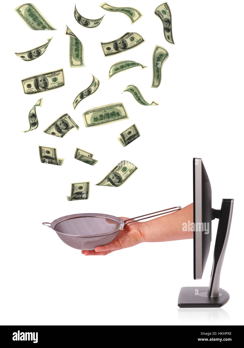 Money falling into a colander, put forward in the hand of the monitor ...