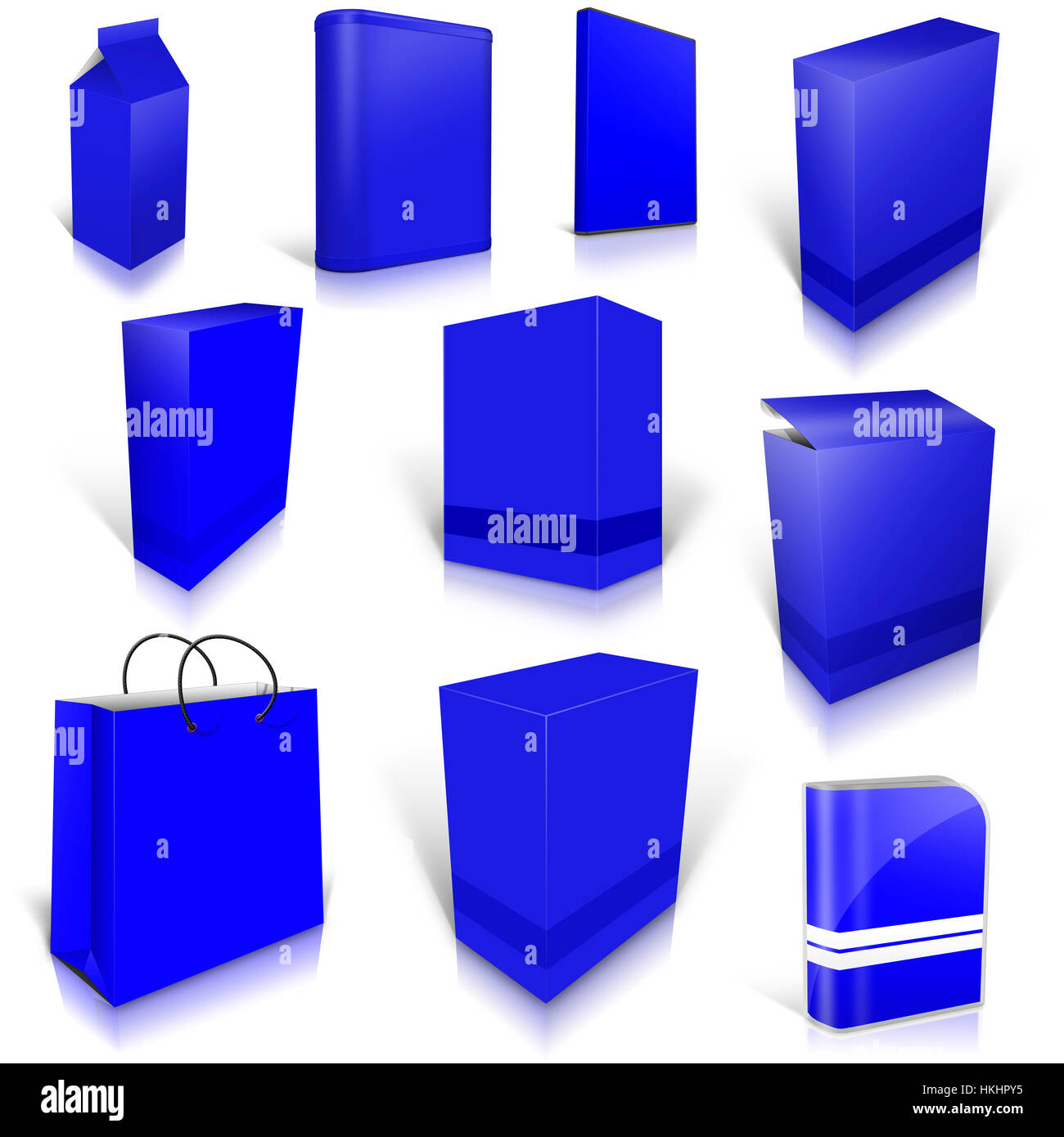 Ten blue blank boxes isolated on white background ready to be ...