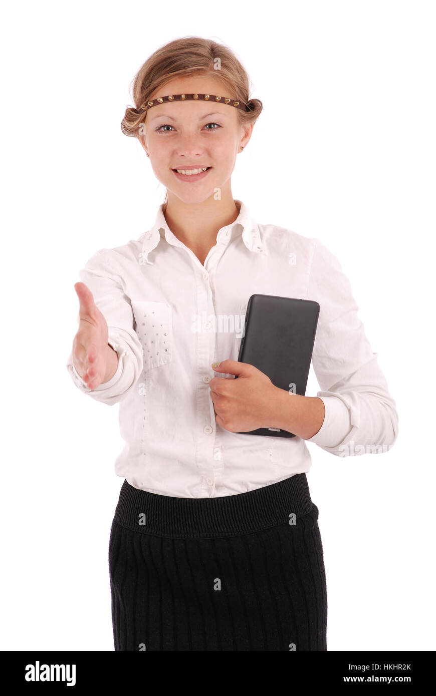 Girl stretches a hand holding tablet pc isolated on white. Close-up ...