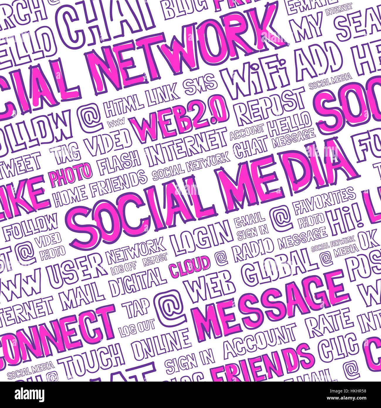 Hand written seamless pattern with social media words, titles, tags and ...