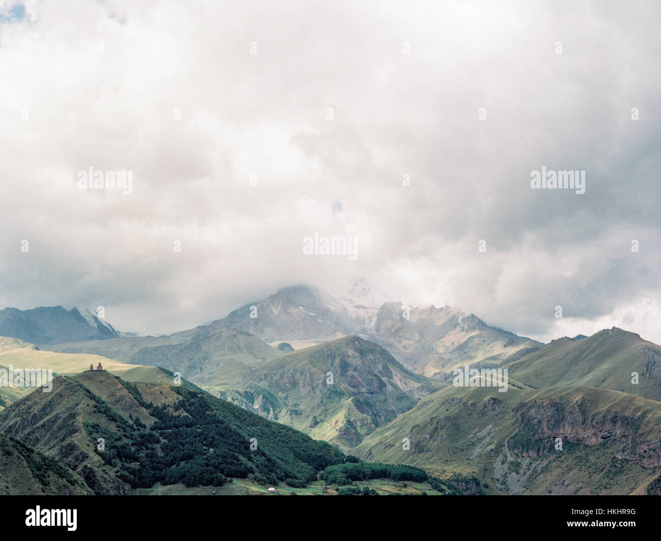 Summer view of Kazbek (Kazbegi) mountain in Georgia, Stepantsminda ...