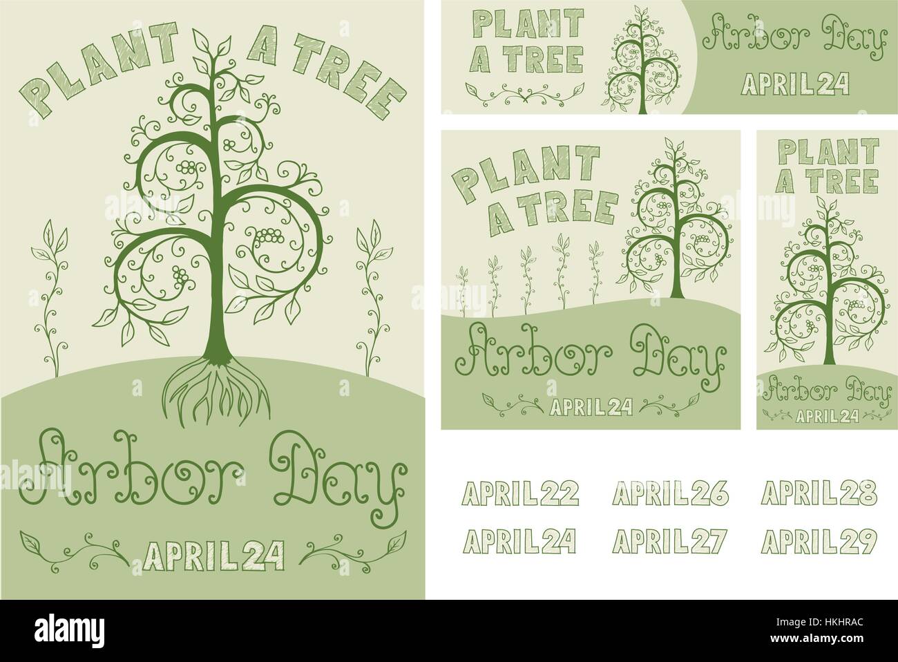 Arbor Day Set of Hand Drawn Poster, Card, Flyer and Banner Stock Vector ...