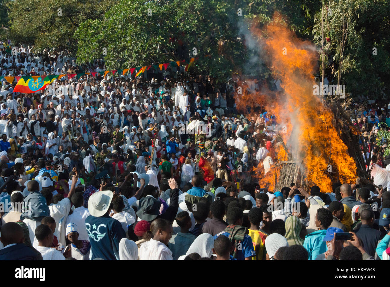 Pilgrims lighting fire celebrating Meskel Festival, Lalibela, Ethiopia ...