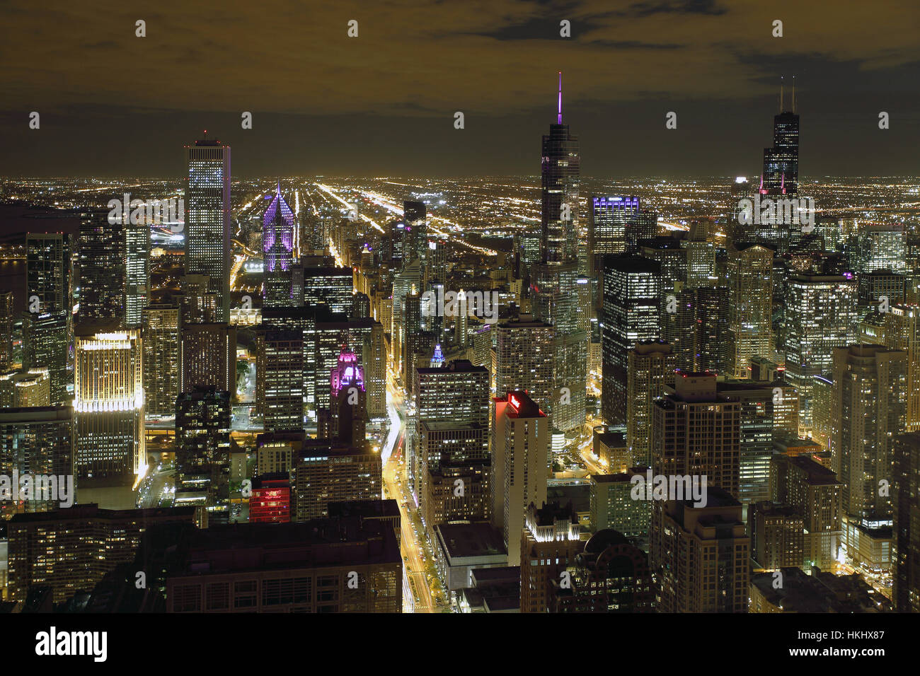 Atmospheric scene of Chicago at night showing Michigan Avenue and ...