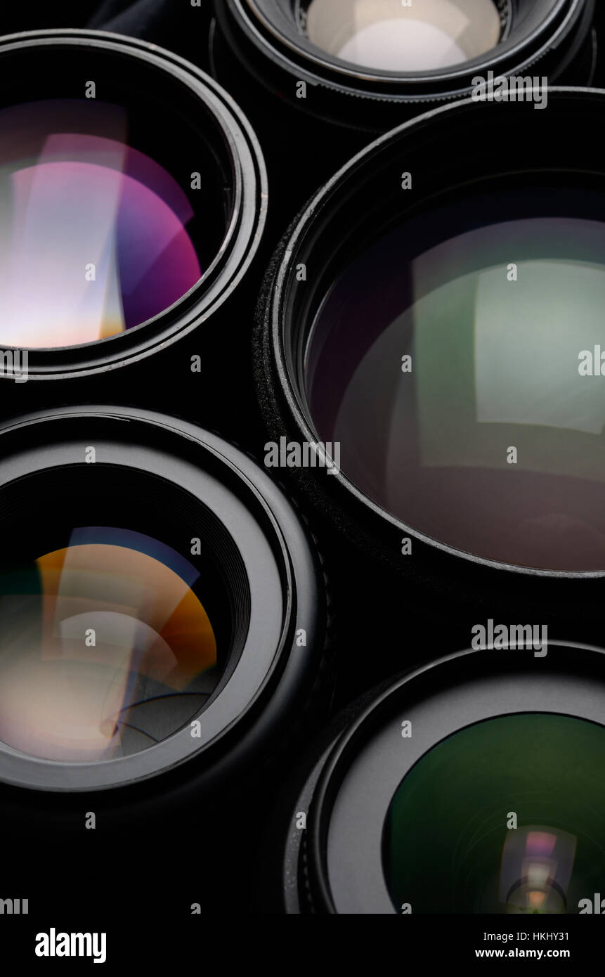 Set of black camera lens different sizes and colors macro shot Stock ...