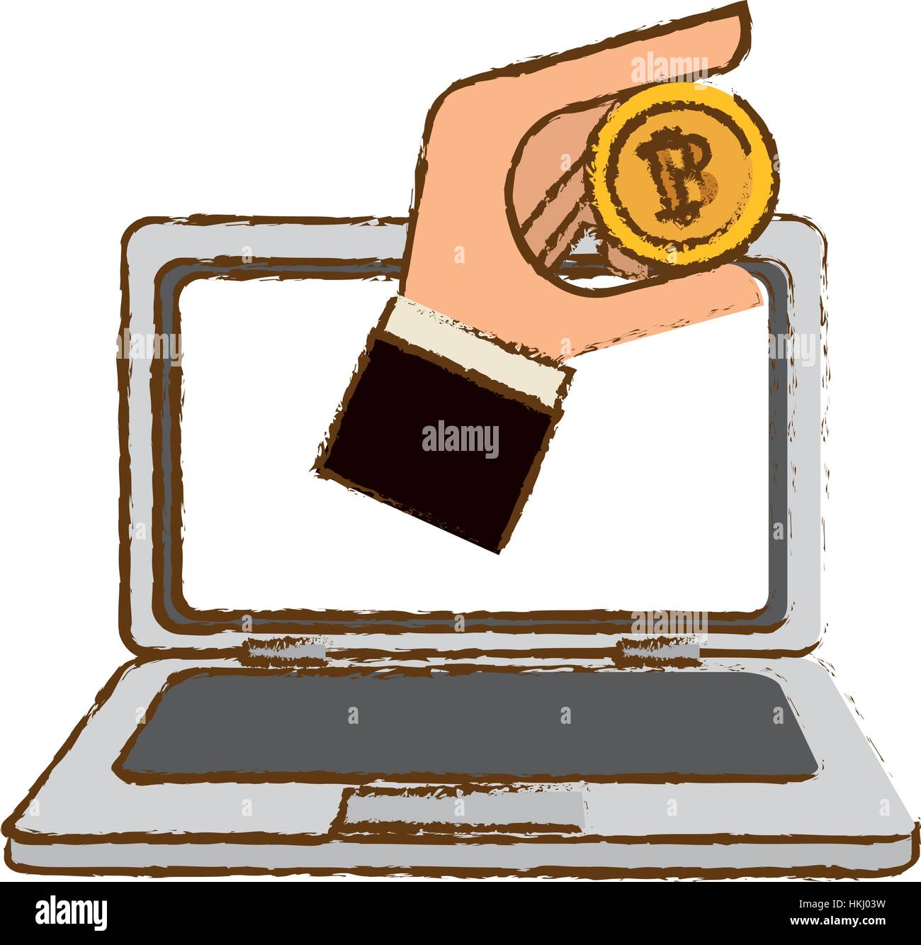 bitcoin icon, digital currency symbol, hand in the computer Stock ...