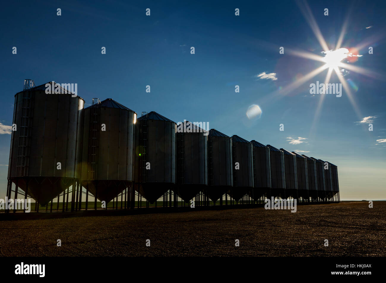 A row of large metal grain bins with a sun burst and blue sky ...