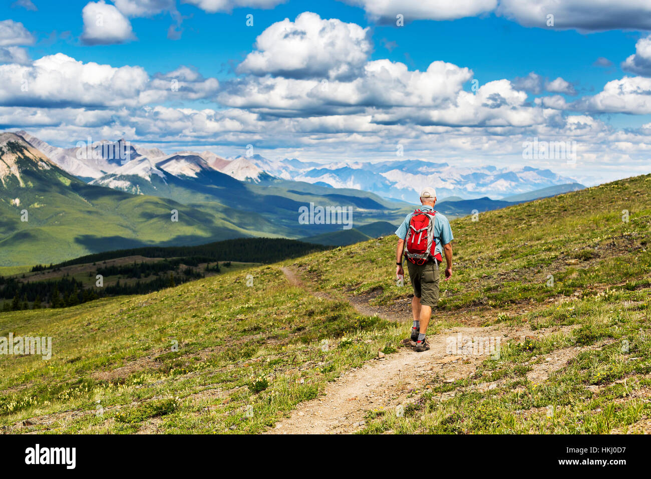 Male hiker walking along a hillside trail overlooking mountain range ...