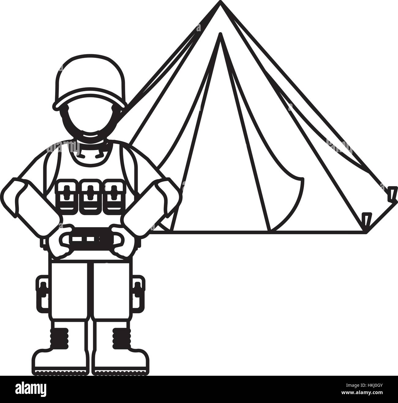 Military figure with his war team and his camp, vector illustration ...