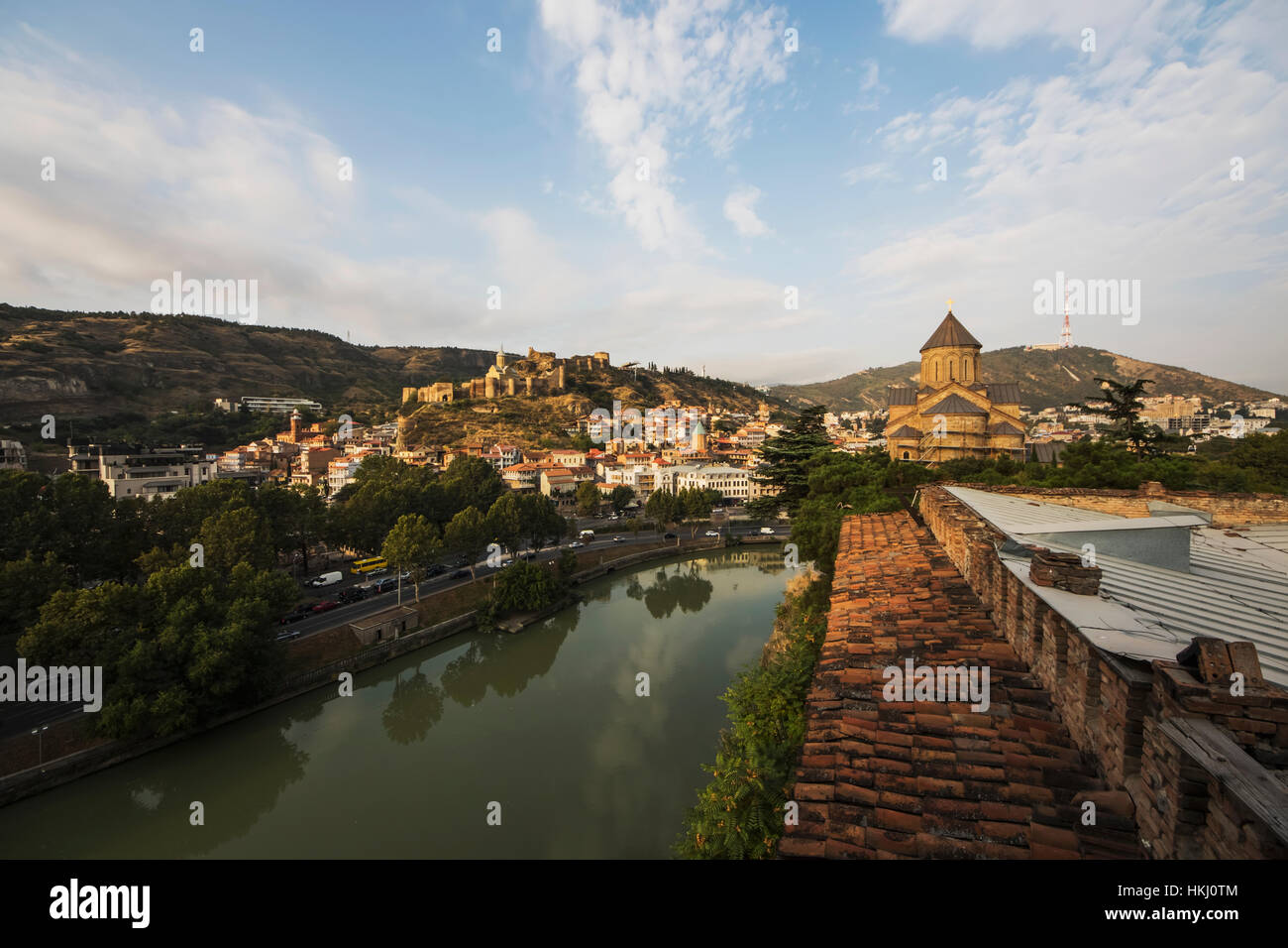 Panoramic view of the Mtkvari River with the Narikala Fortress; Tbilisi ...