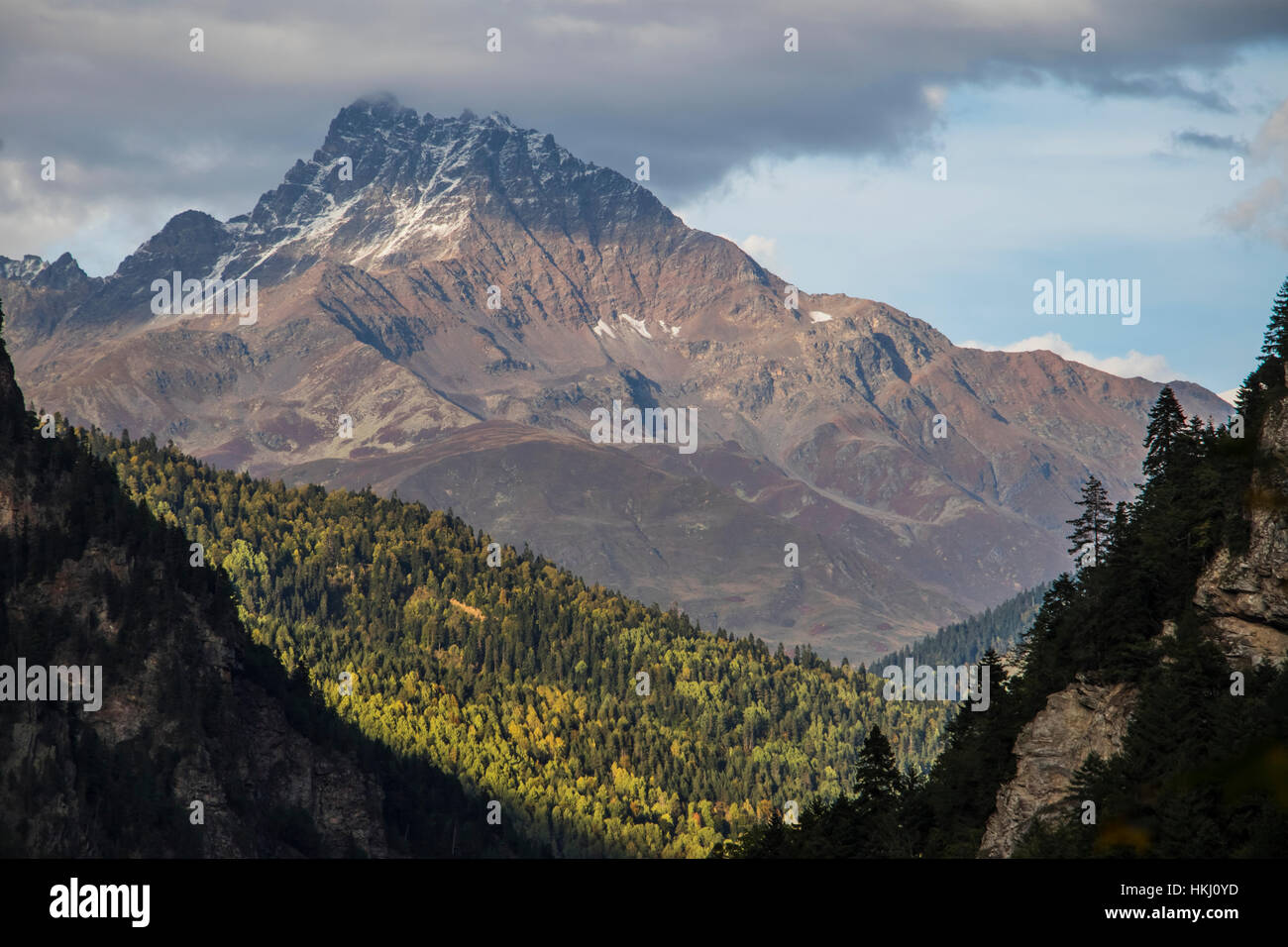 Panoramic view of the Greater Caucasus Mountains, as seen from the road ...