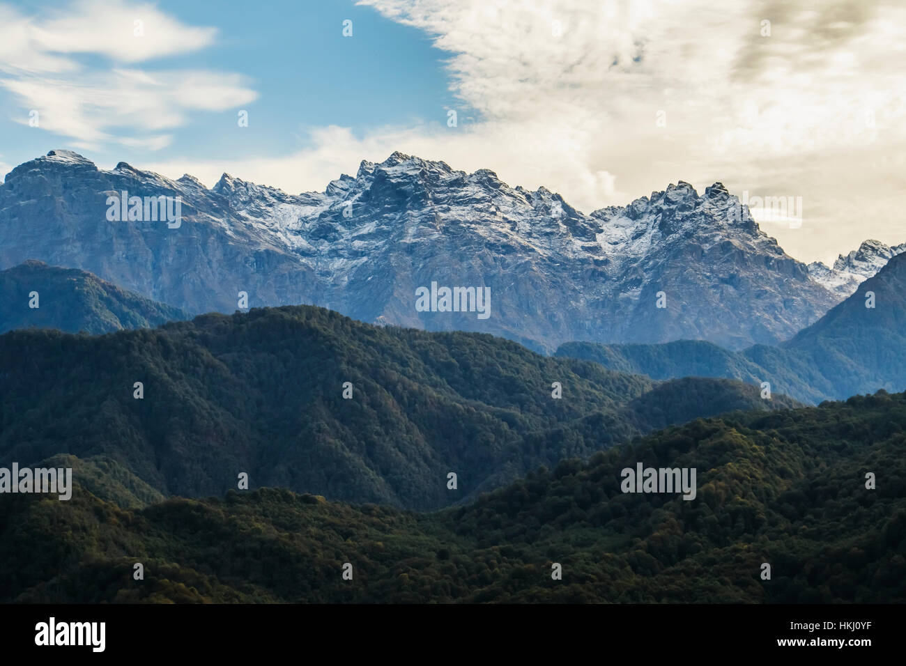 Panoramic view of the Greater Caucasus Mountains, as seen from the road ...