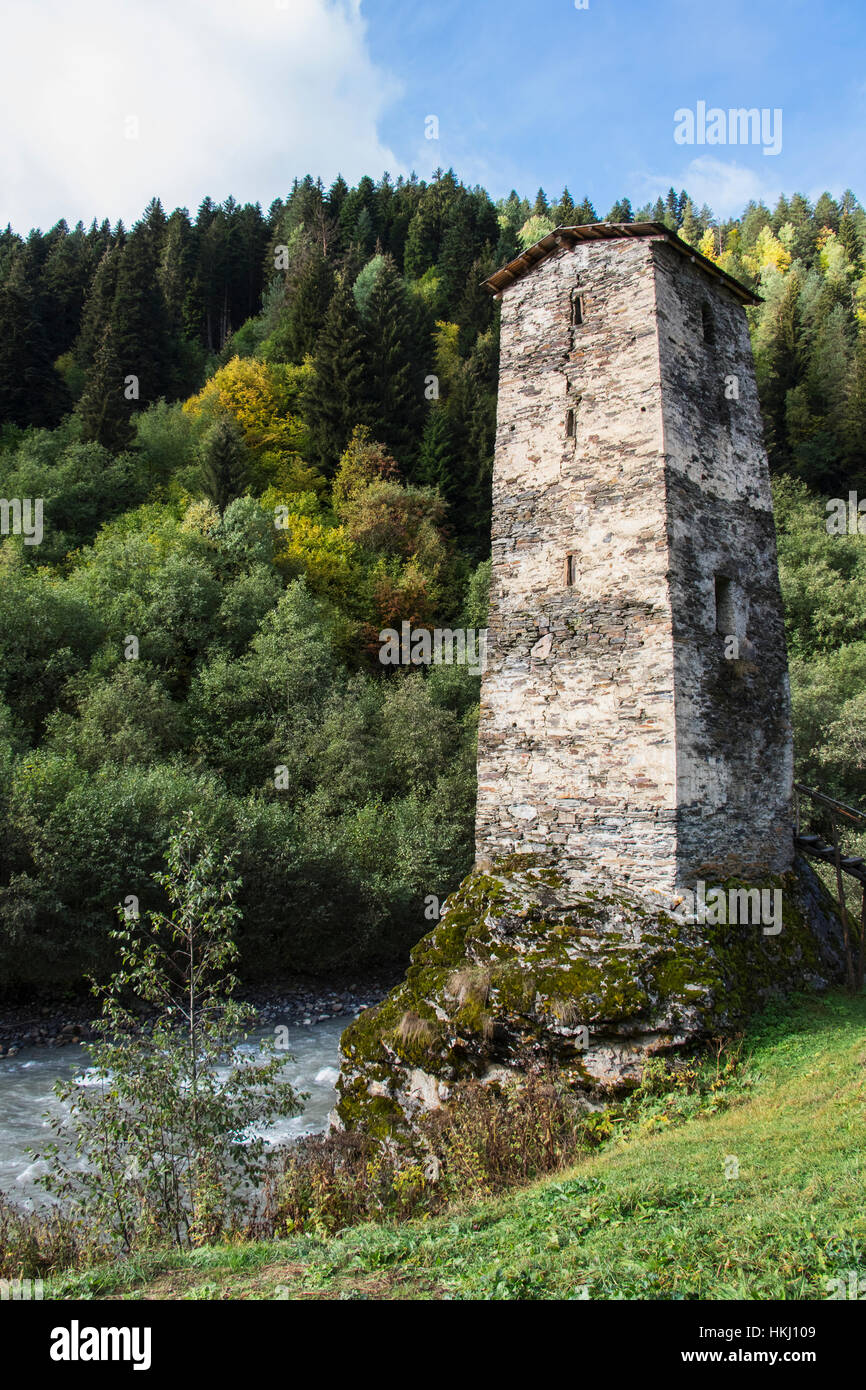 Tower of Love, a Svan stone tower by the Enguri River, Upper Svaneti ...
