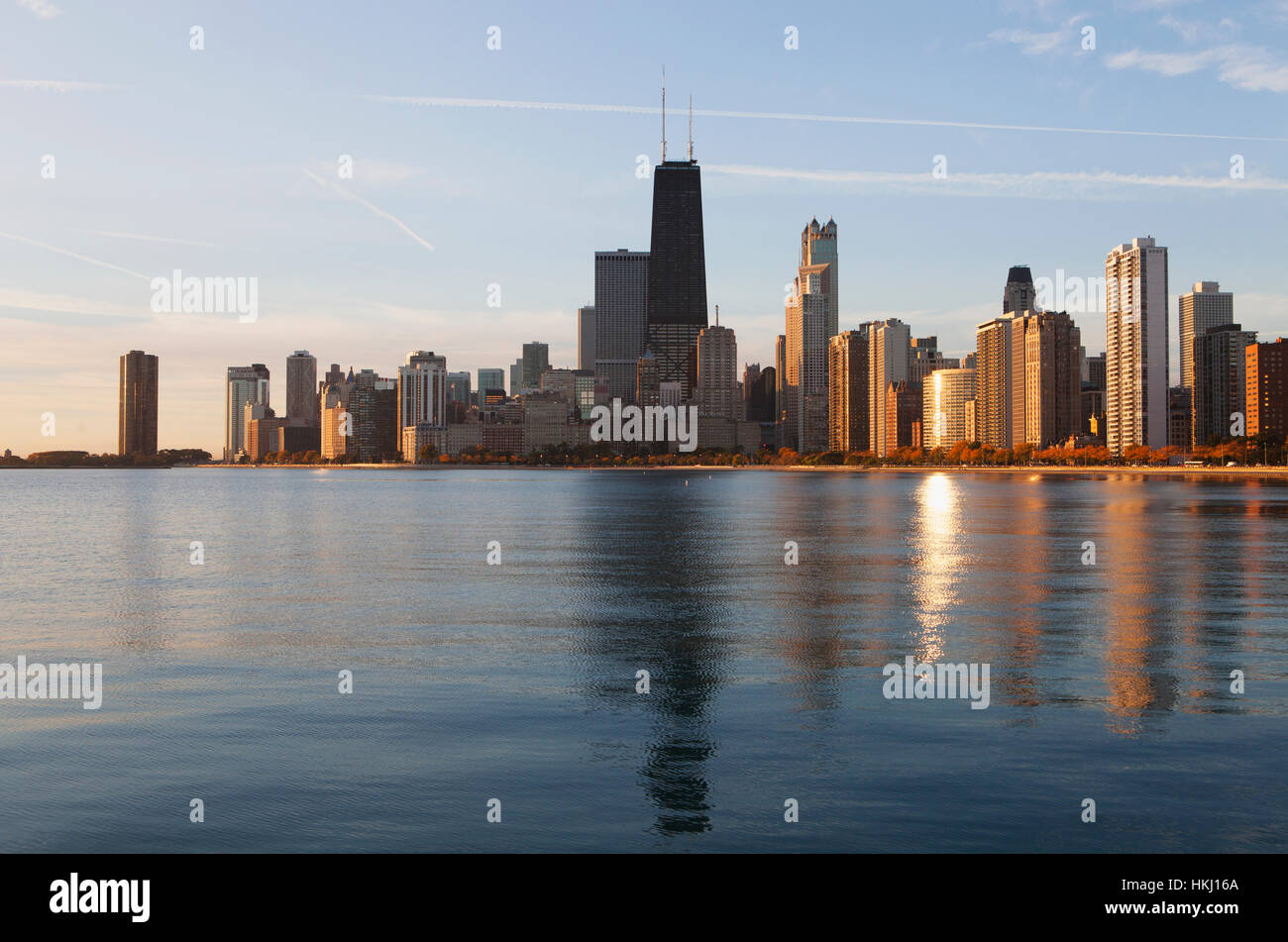Skyline of Chicago along the waterfront at sunrise; Chicago, Illinois ...