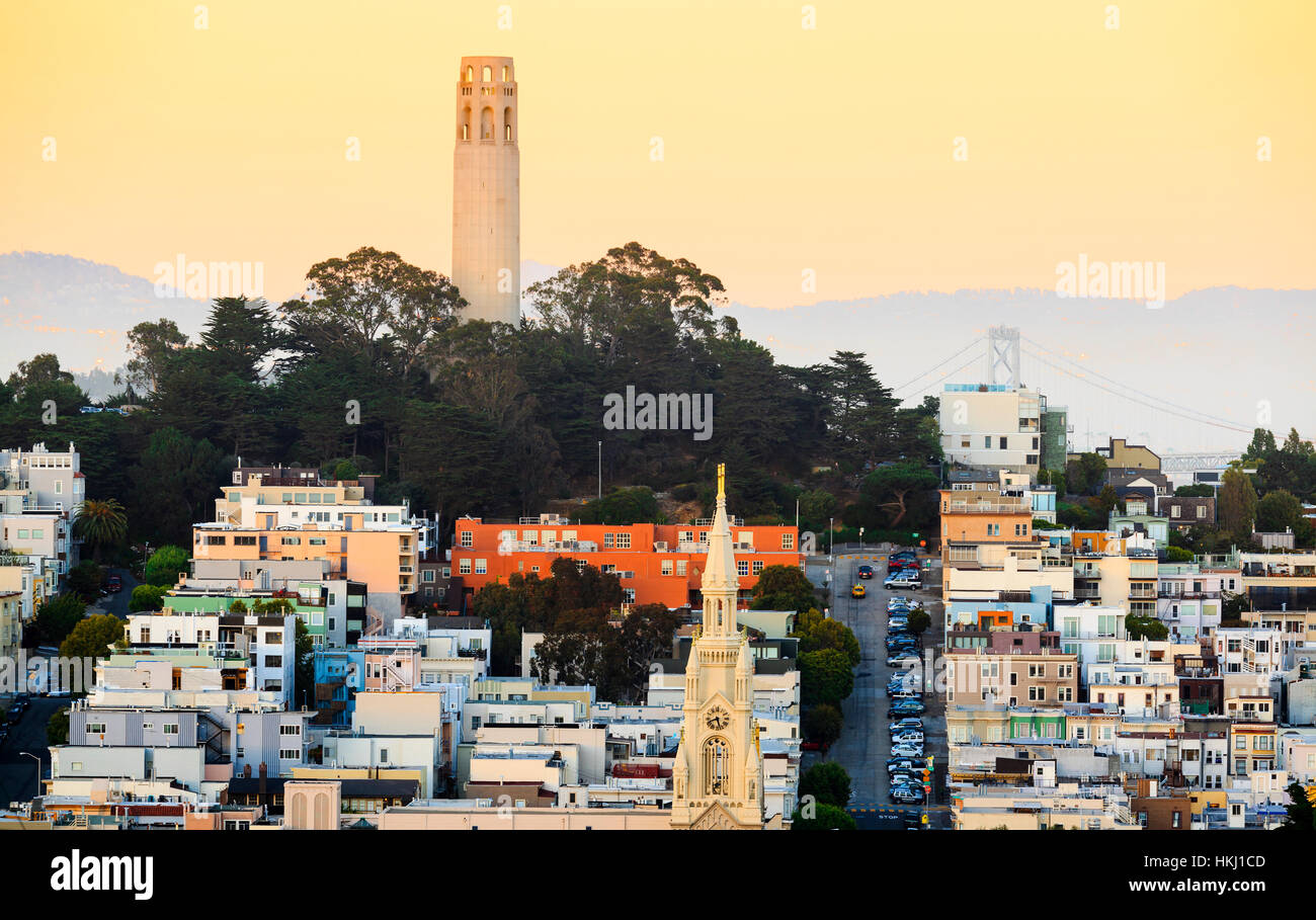 Coit Tower on Telegraph Hill at sunset; San Francisco, California ...