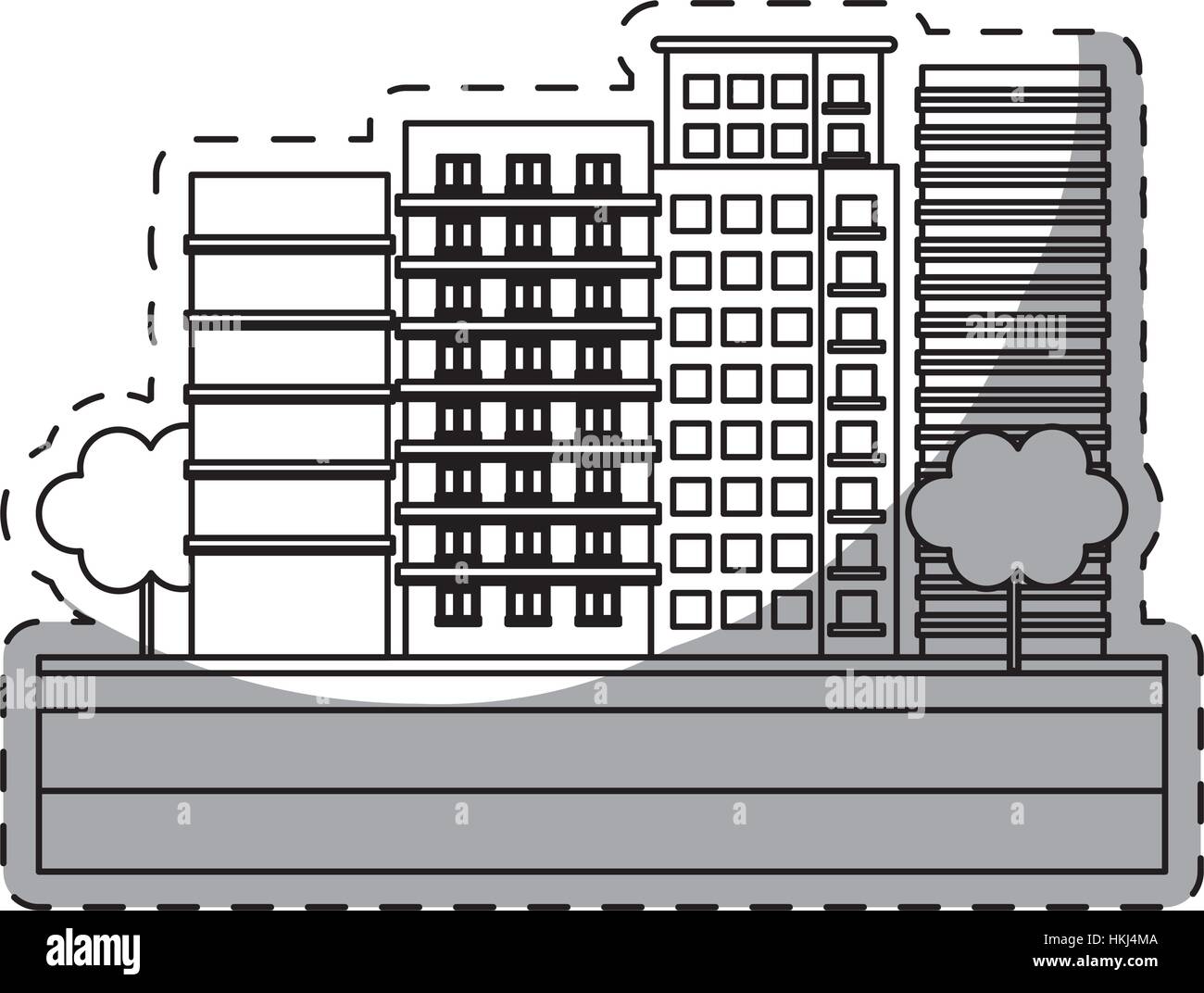 city building on street with trees icon image line sticker vector ...