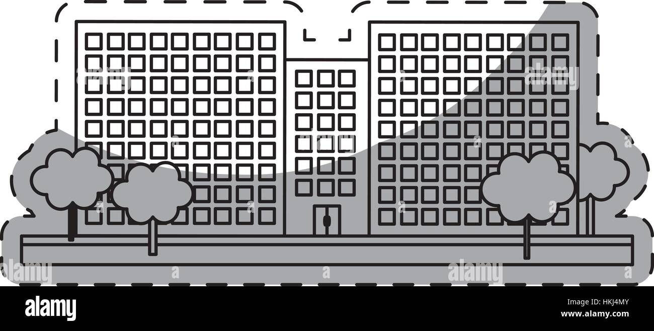 city building on street with trees icon image line sticker vector ...