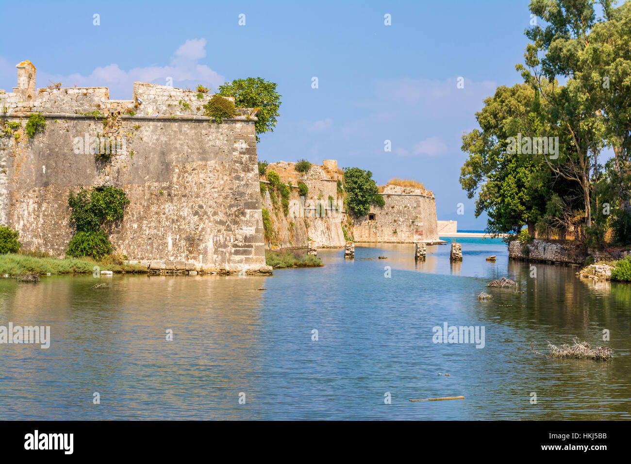 Moat and walls of the Venetian Castle of Agia Mavra at the Greek island ...