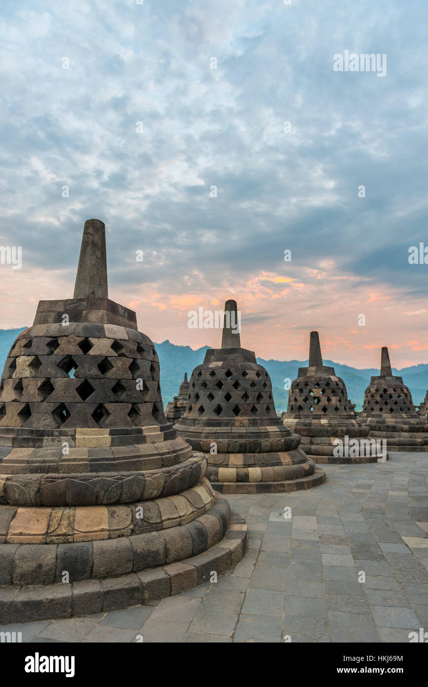 Borobudur temple, stupas, cloudy sky, Borobudur, Yogyakarta, Java ...