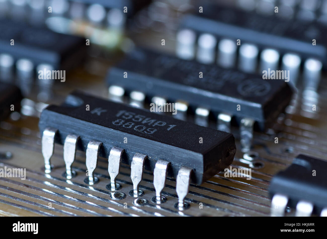 Vintage Integral circuit on Printed Circuit Board close-up Stock Photo ...