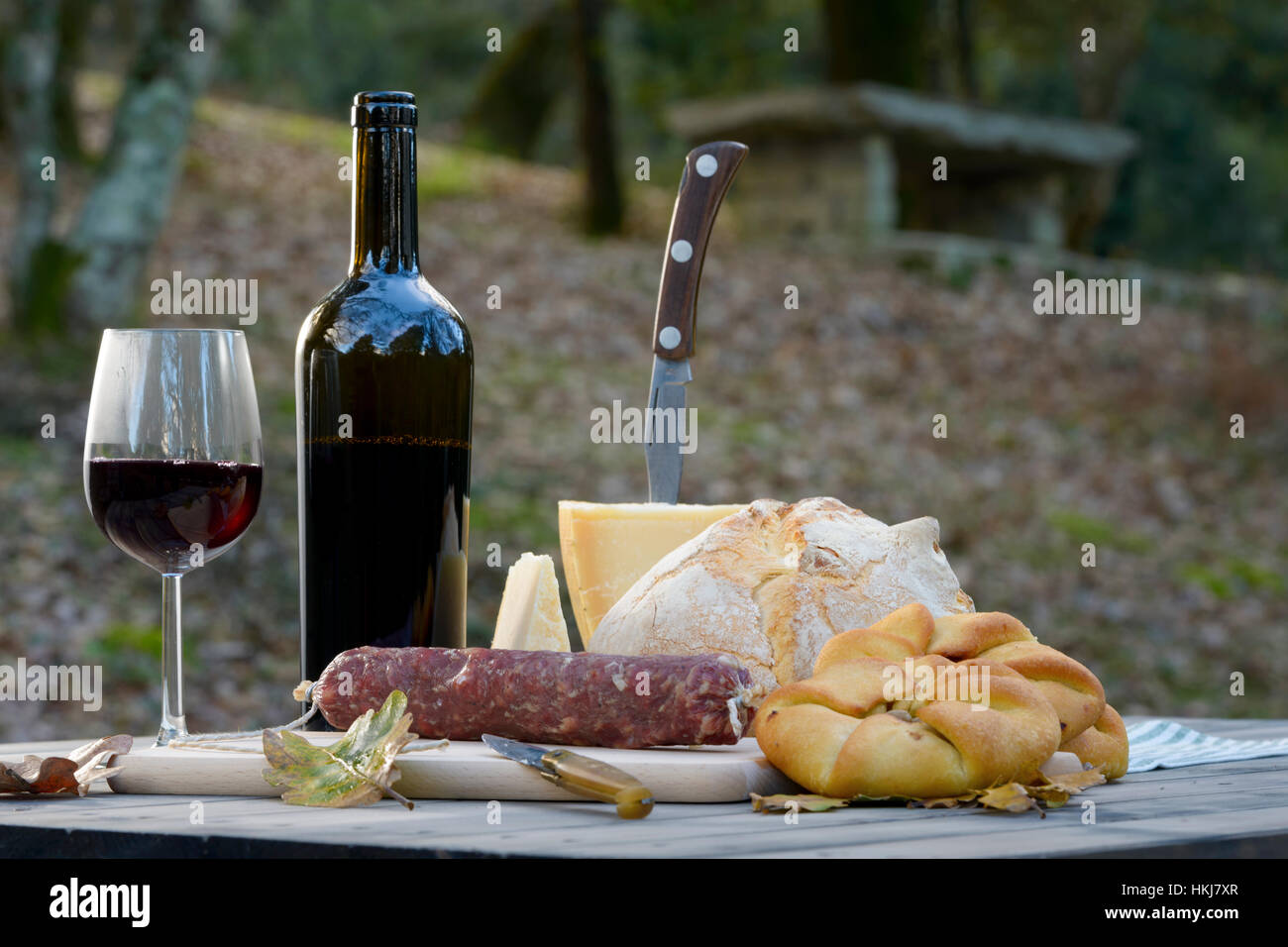 Traditional snack of Sardinia made of cheese, sausage, bread and wine ...